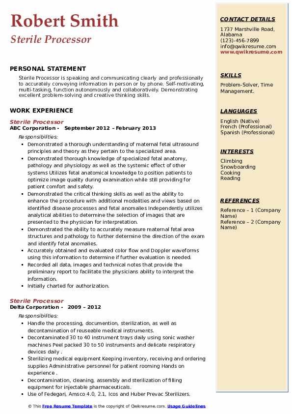 Sterile Processor Resume Samples | QwikResume