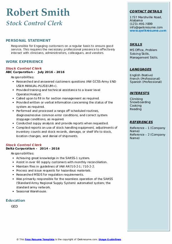 Stock Control Clerk Resume Samples | QwikResume