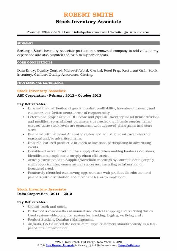Stock Inventory Associate Resume Samples | QwikResume