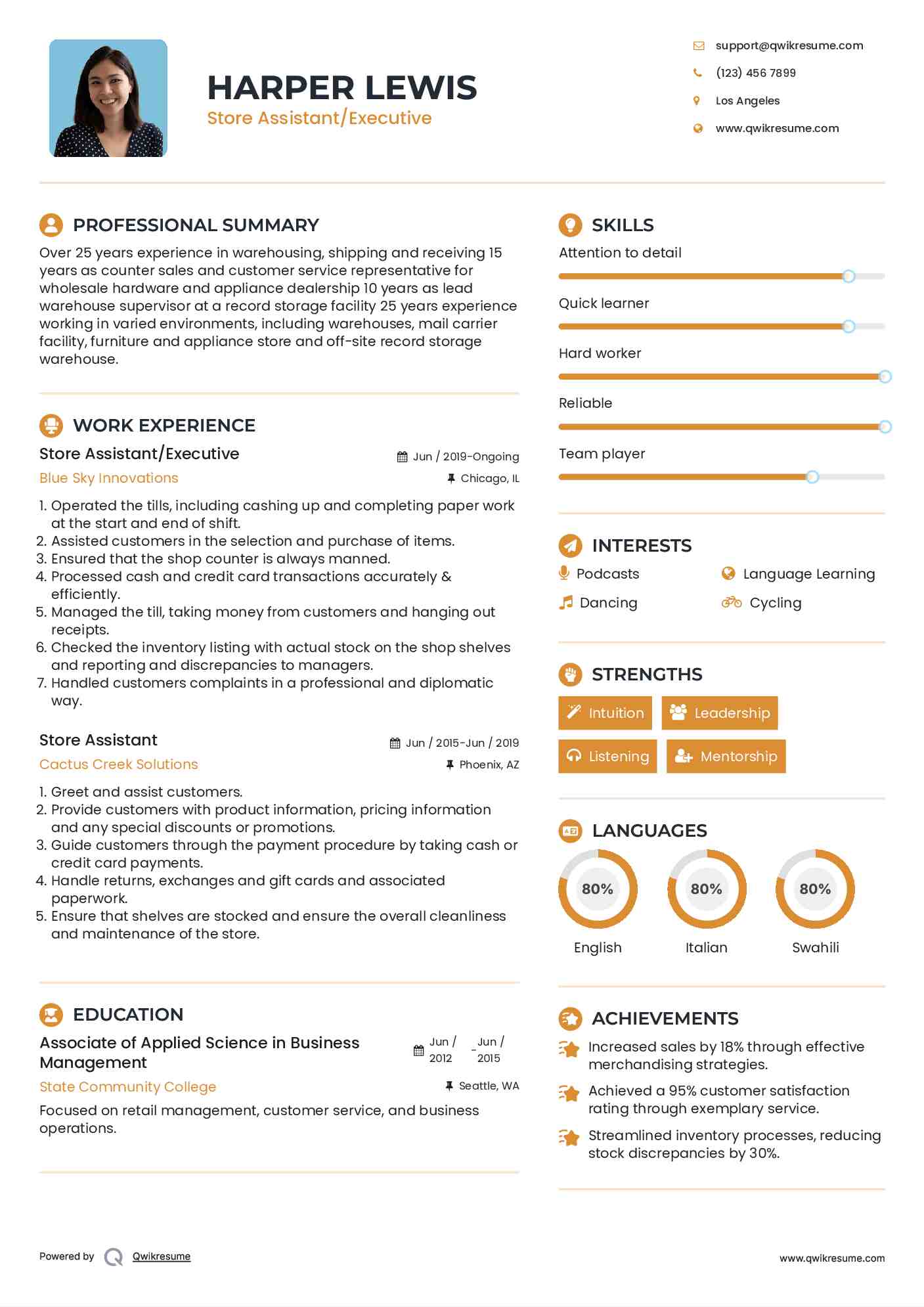 Store Assistant Resume Samples QwikResume