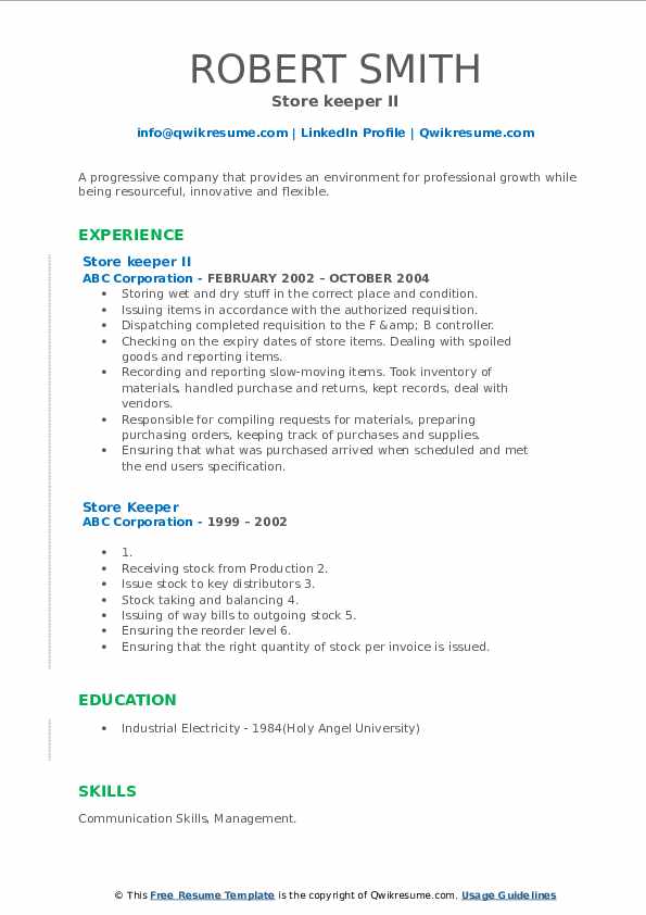 Store Keeper Resume Samples QwikResume