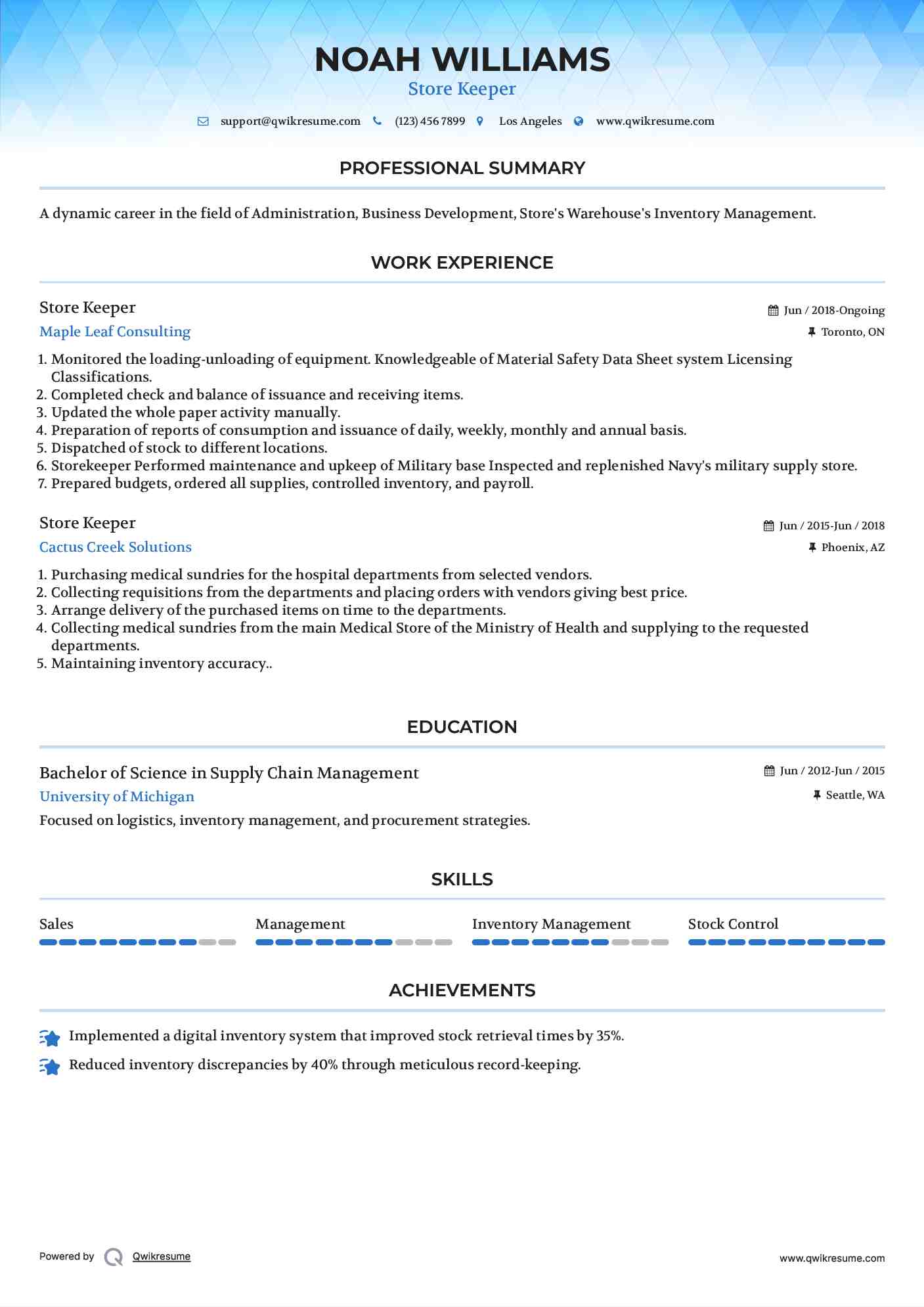 Store Keeper Resume Samples QwikResume