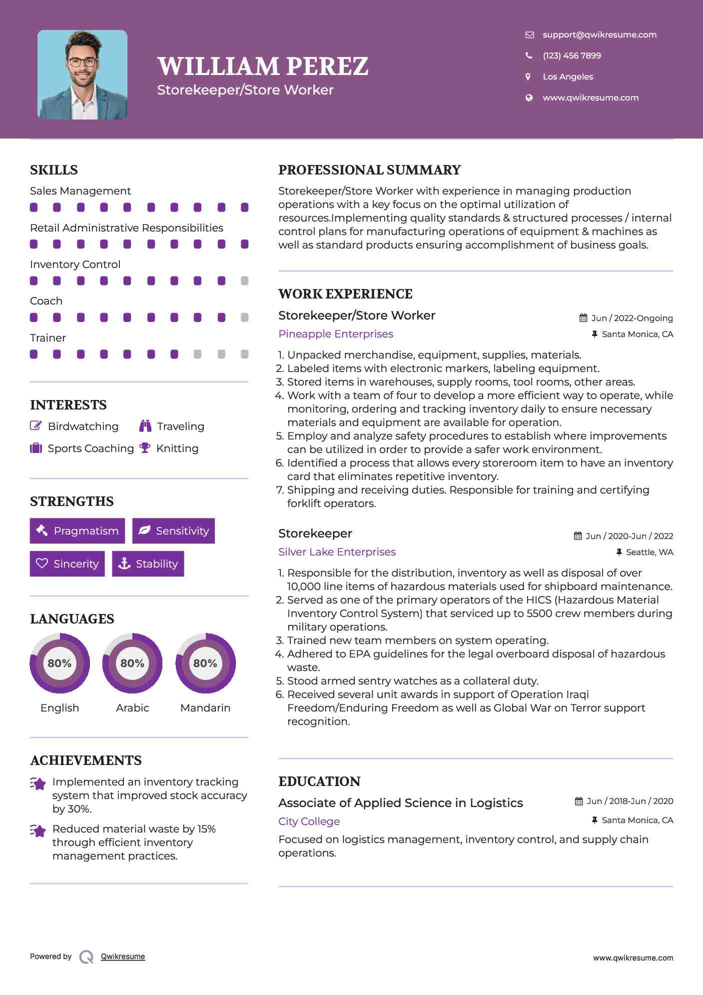 Storekeeper Resume Samples QwikResume