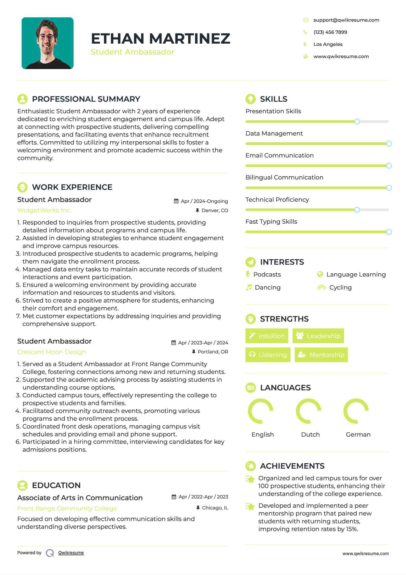Student Ambassador Resume Samples QwikResume