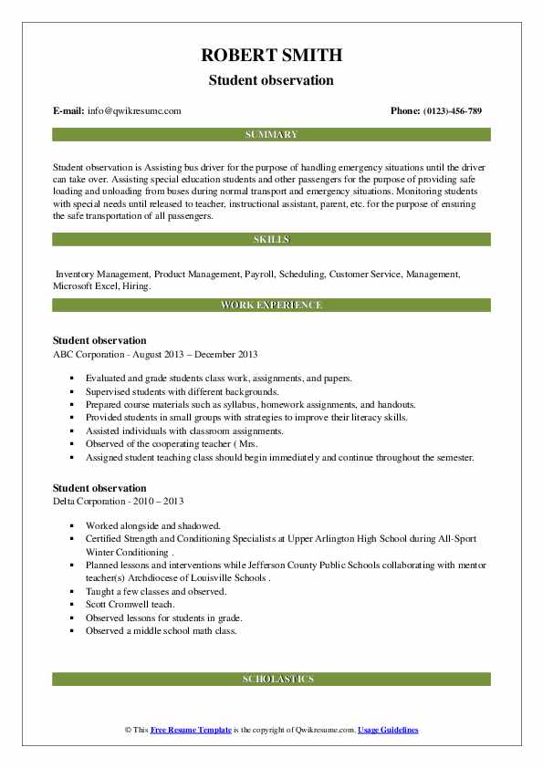 Student observation Resume Samples | QwikResume