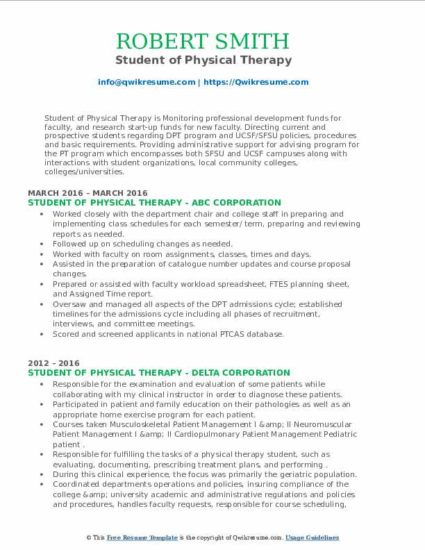 Student of Physical Therapy Resume Samples | QwikResume