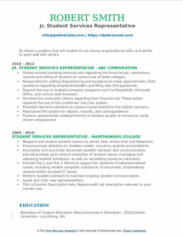Student Services Representative Resume Samples | QwikResume