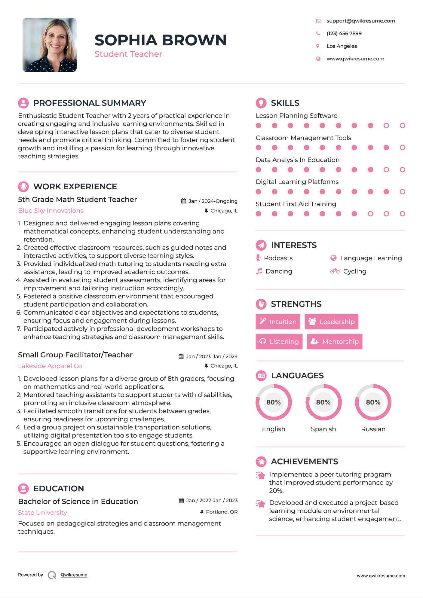 Student Teacher Resume Samples QwikResume
