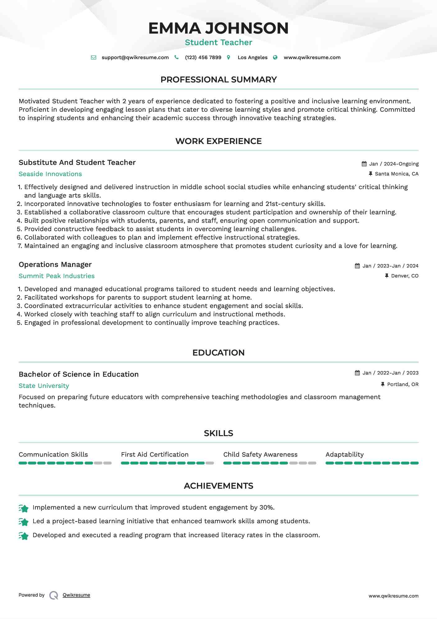 Student Teacher Resume Samples QwikResume