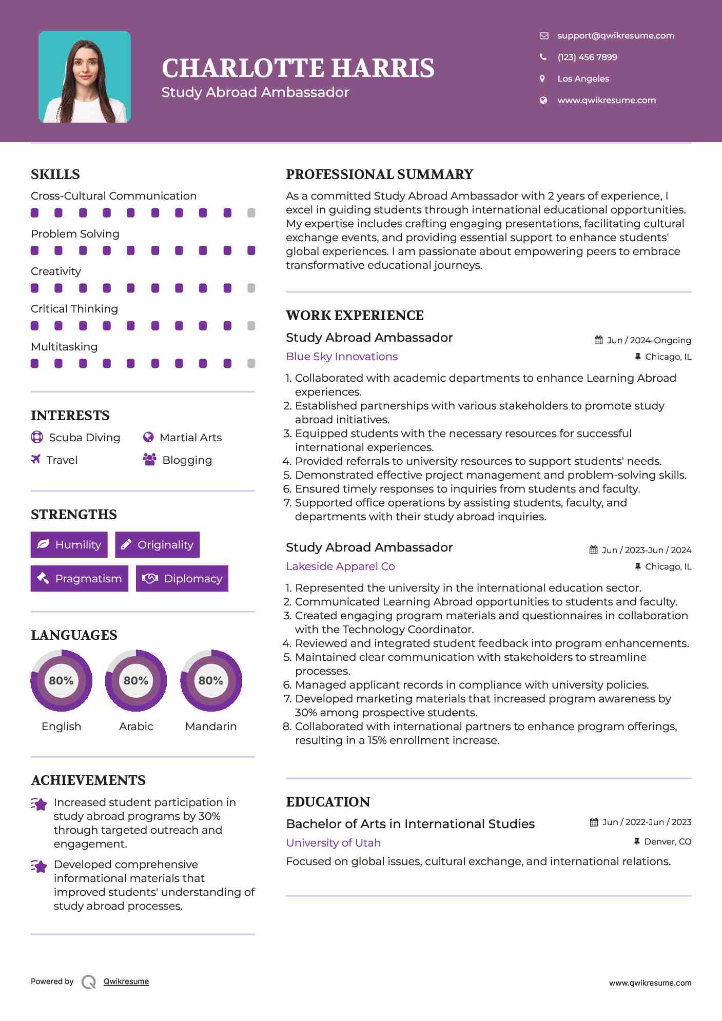 Study Abroad Ambassador Resume Samples QwikResume