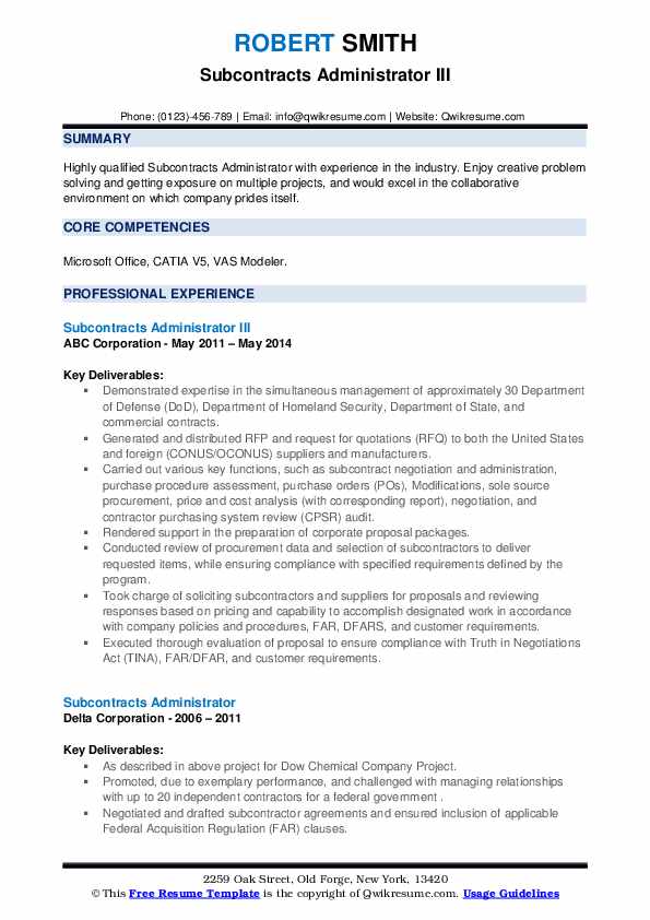 Subcontracts Administrator Resume Samples | QwikResume