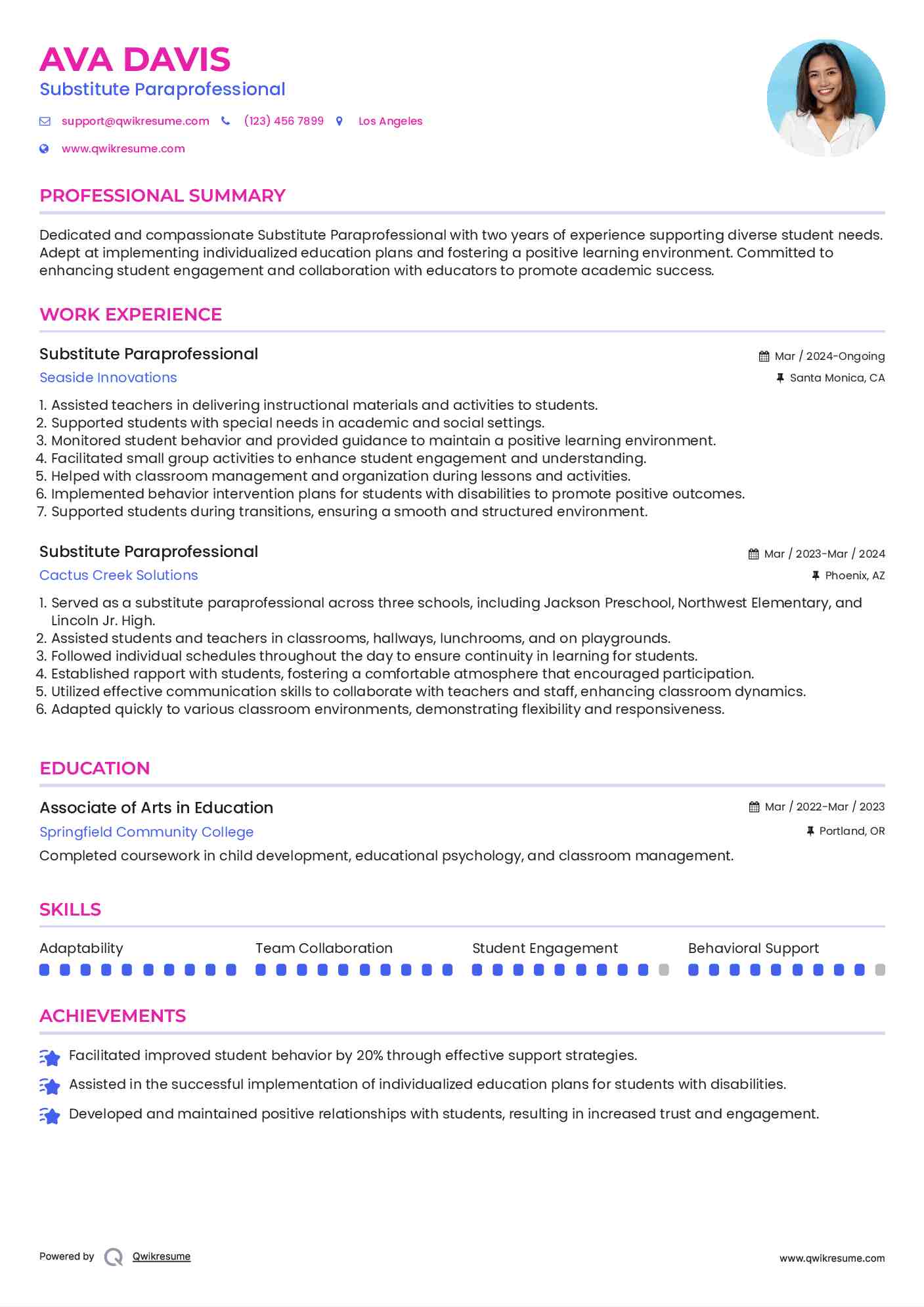Substitute Paraprofessional Resume Samples QwikResume