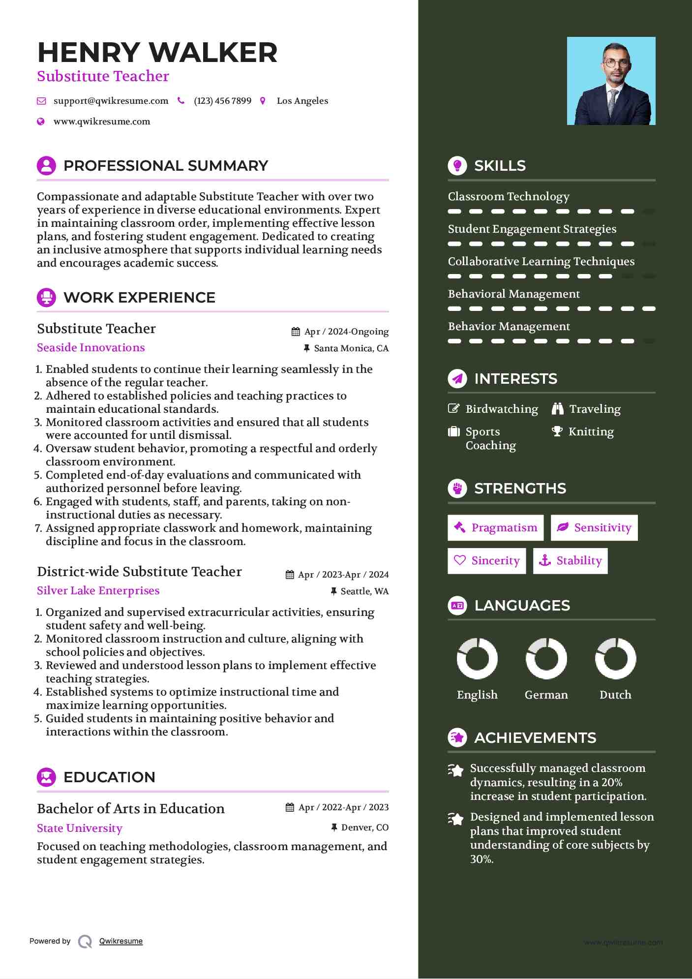 Substitute Teacher Resume Samples QwikResume
