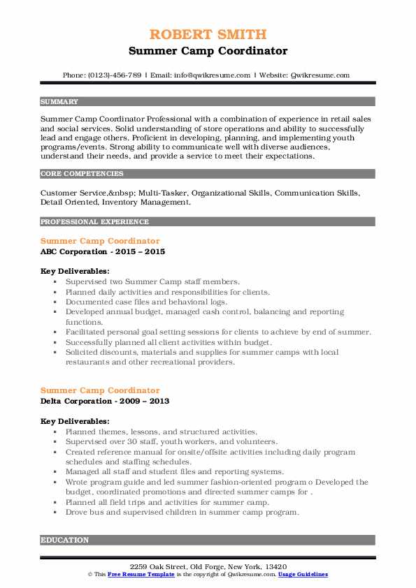 Summer Camp Coordinator Resume Samples | QwikResume