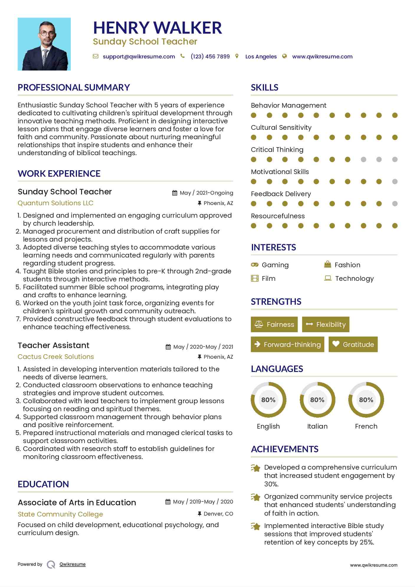 Sunday School Teacher Resume Samples QwikResume