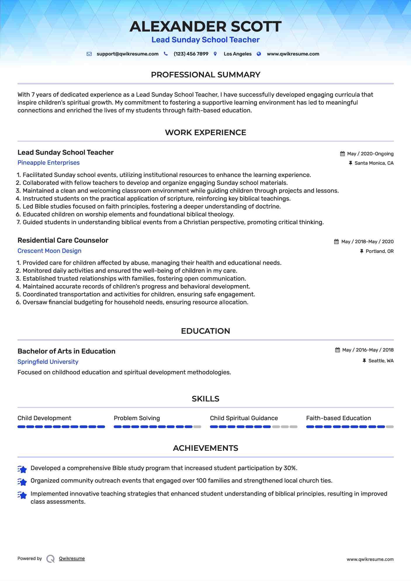 Sunday School Teacher Resume Samples QwikResume