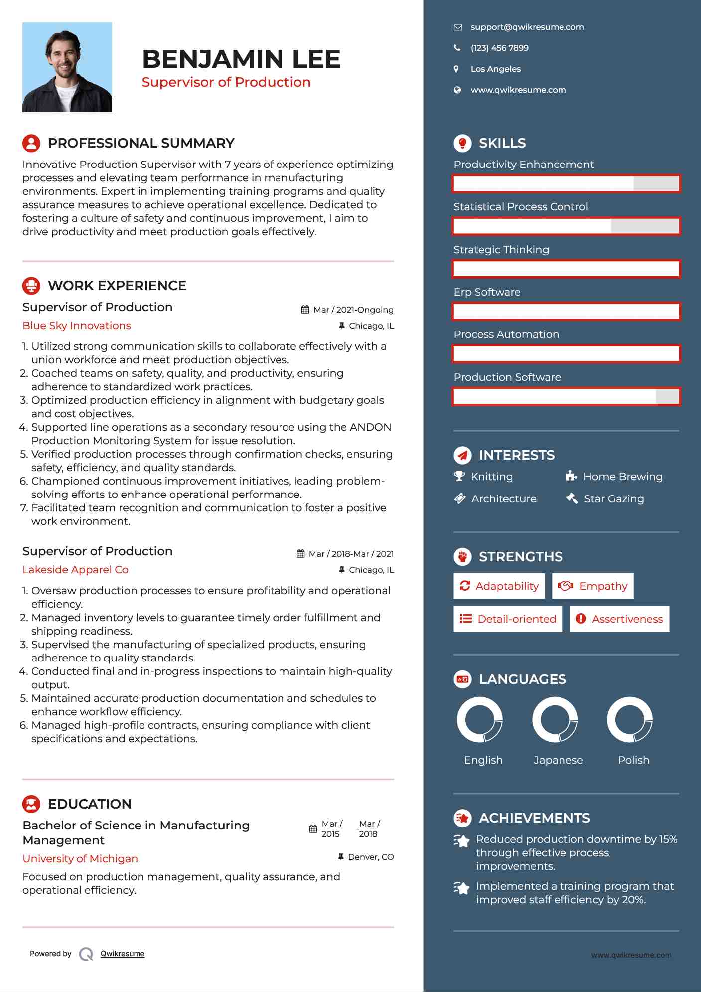 Production Supervisor Resume Samples | QwikResume