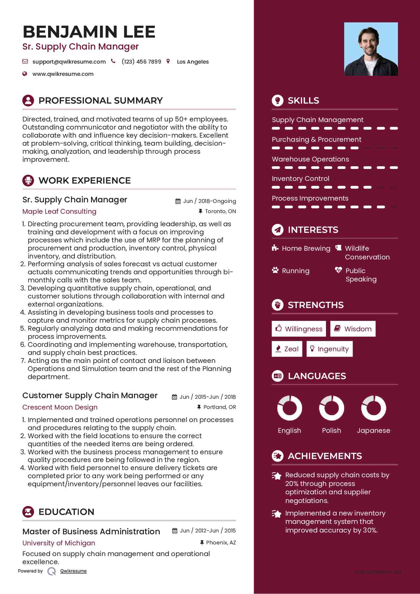 Supply Chain Manager Resume Samples QwikResume