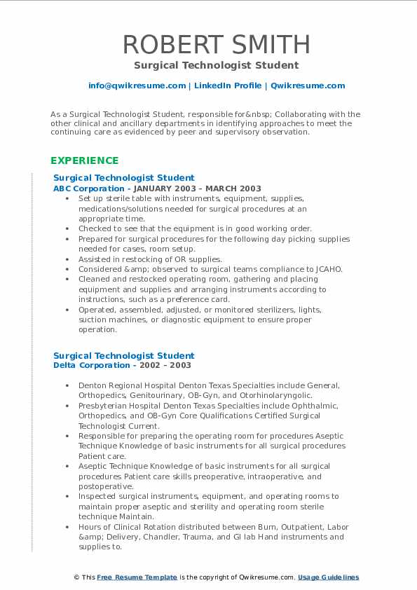 Surgical Technologist Student Resume Samples | QwikResume