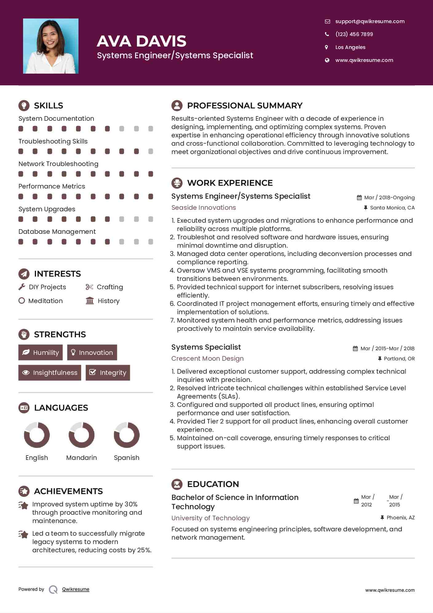 Systems Specialist Resume Samples QwikResume