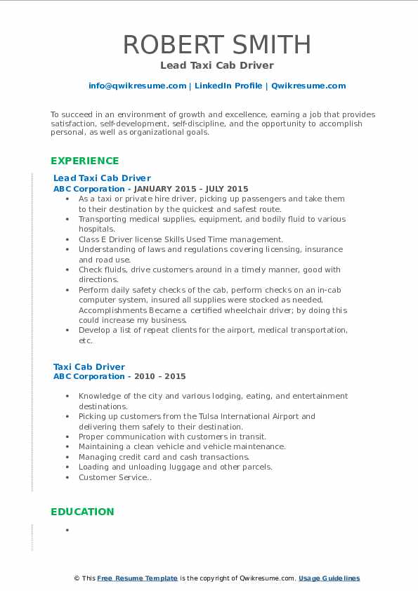 Taxi Cab Driver Resume Samples | QwikResume