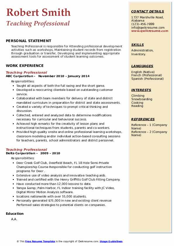 Teaching Professional Resume Samples | QwikResume
