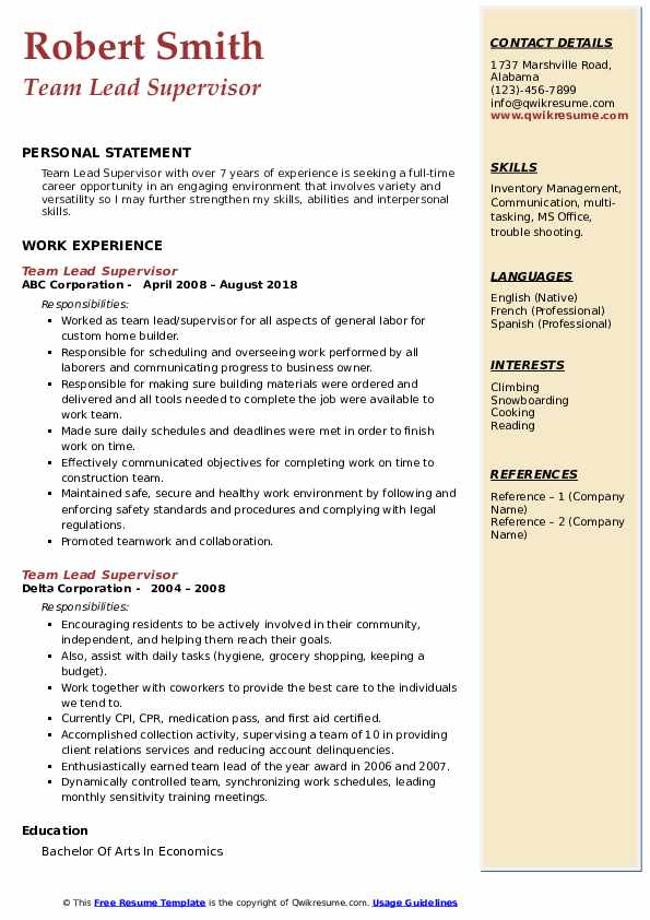 Team Lead Supervisor Resume Samples | QwikResume