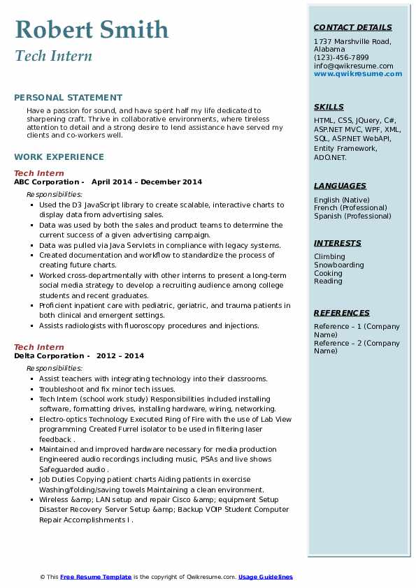 Tech Intern Resume Samples | QwikResume