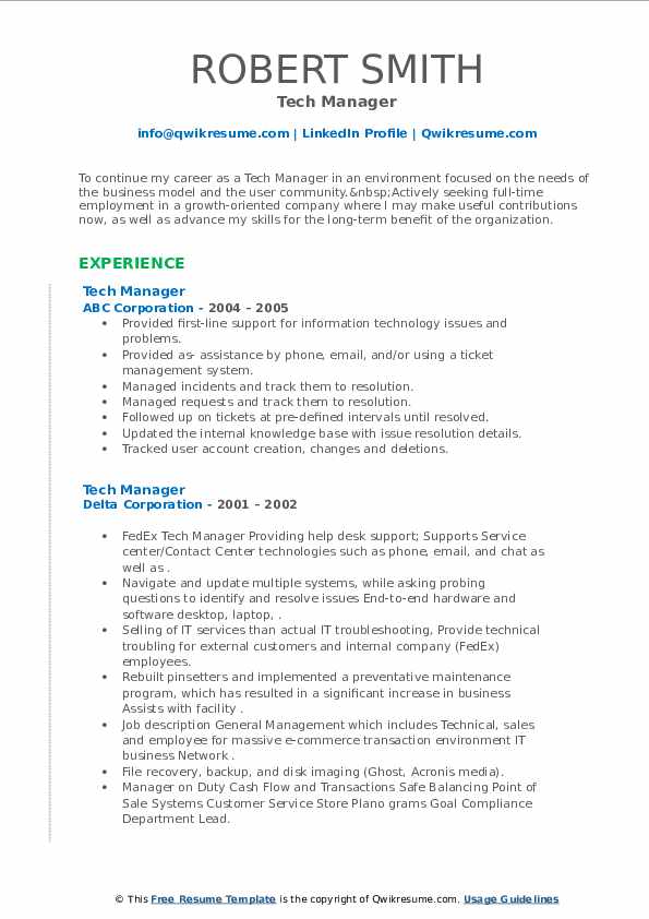 Tech Manager Resume Samples | QwikResume