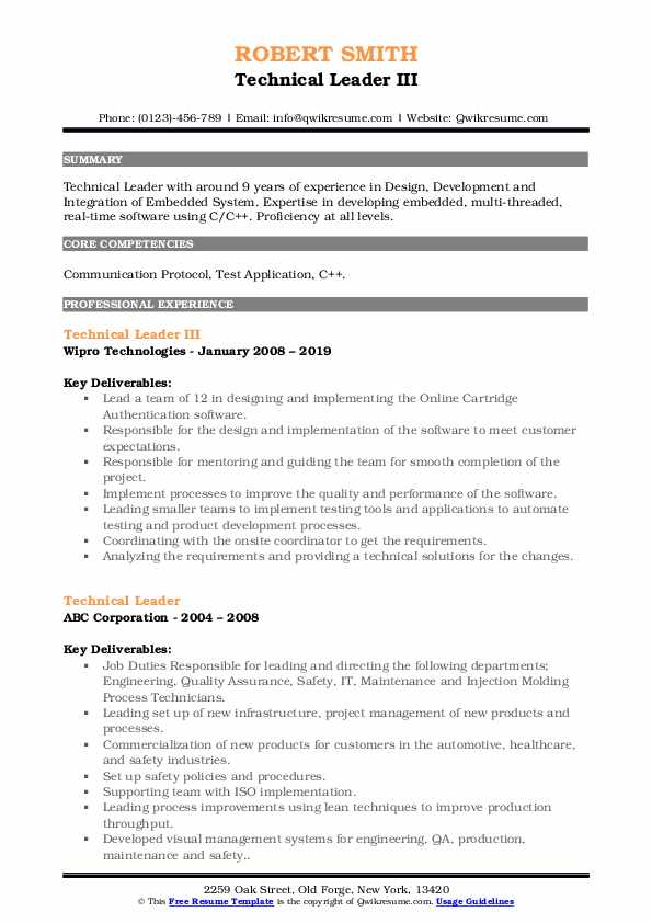 Technical Leader Resume Samples | QwikResume