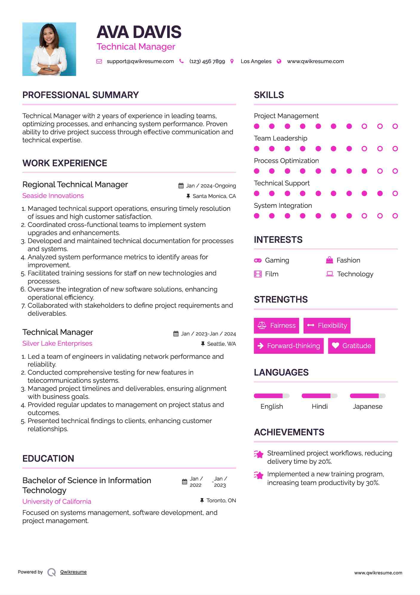 Technical Manager Resume Samples QwikResume
