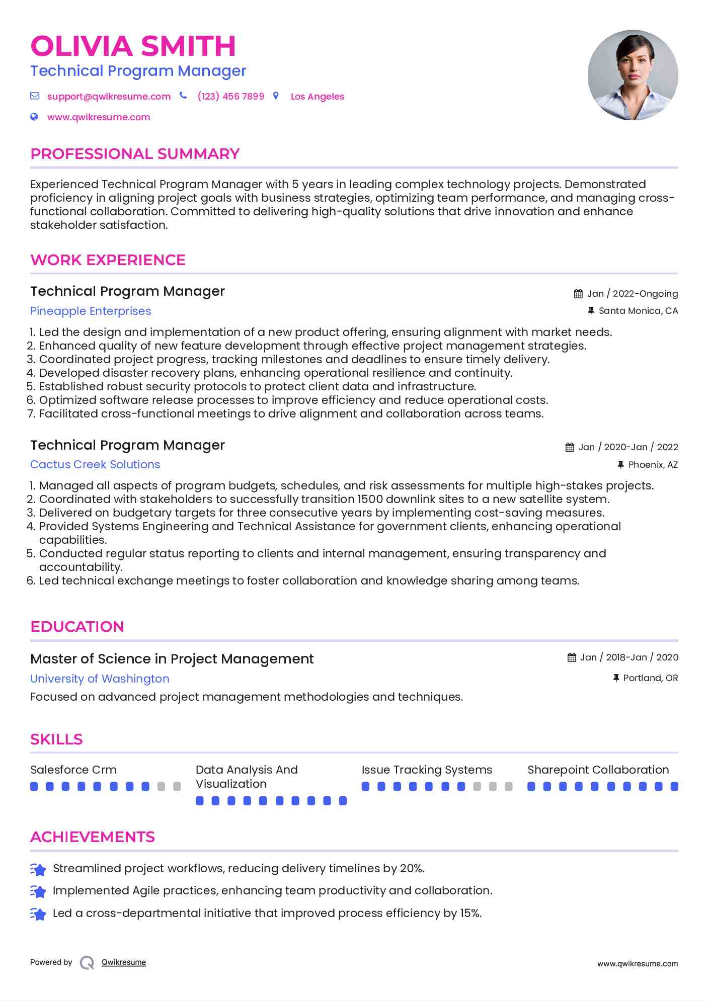 Technical Program Manager Resume Samples QwikResume