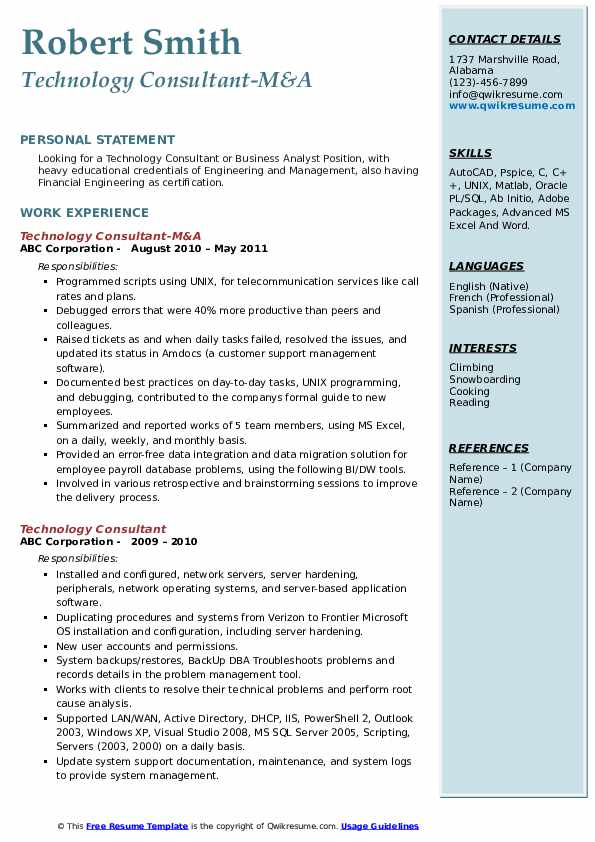 Technology Consultant Resume Samples QwikResume