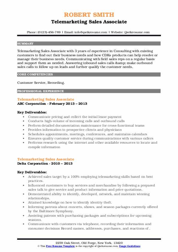 Telemarketing Sales Associate Resume Samples | QwikResume