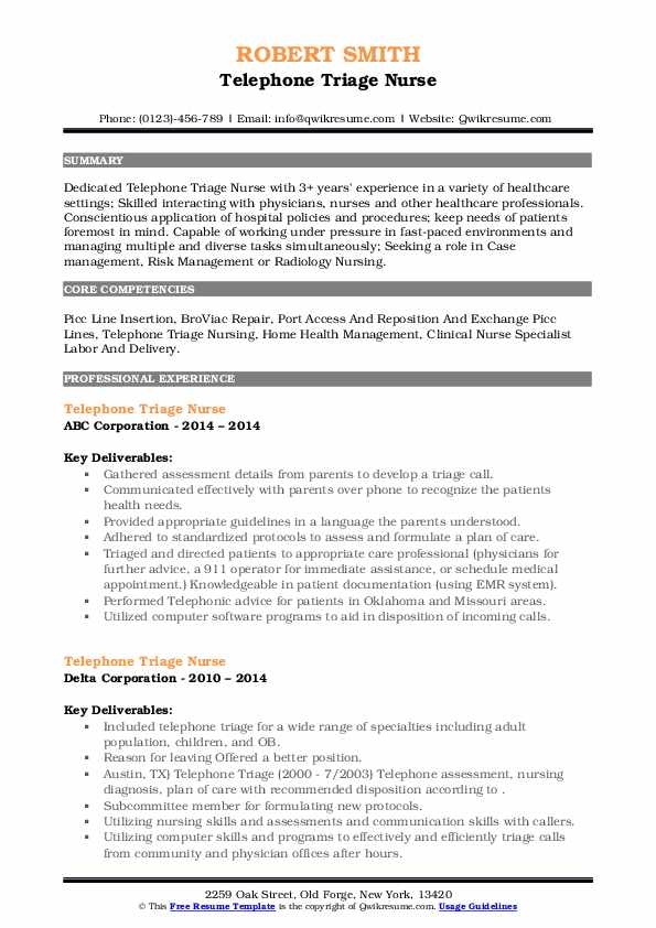 Telephone Triage Nurse Resume Samples | QwikResume