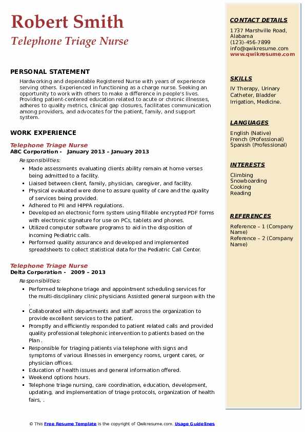 Telephone Triage Nurse Resume Samples | QwikResume