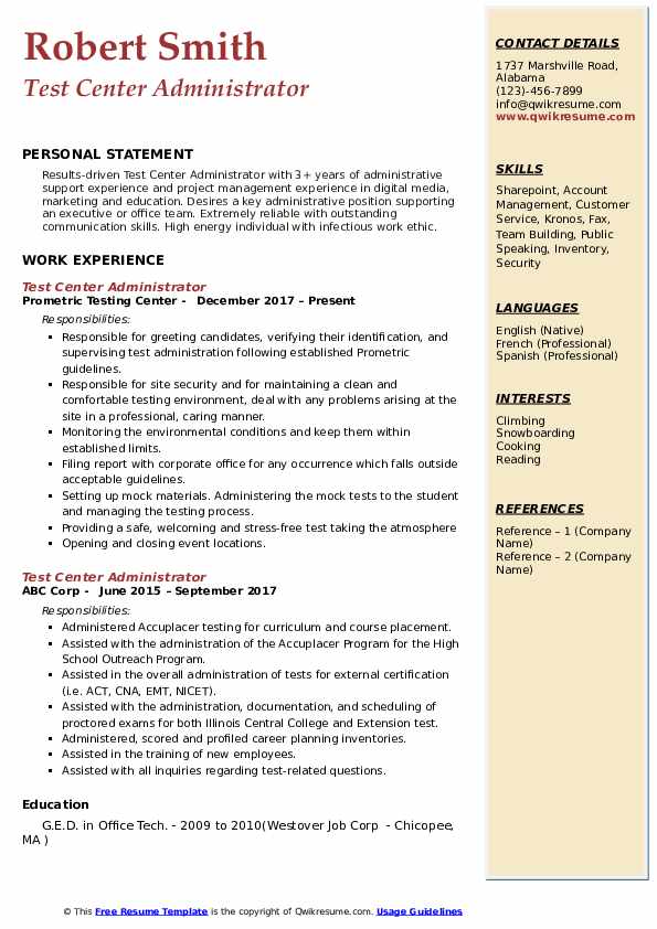 Test Center Administrator Resume Samples | QwikResume