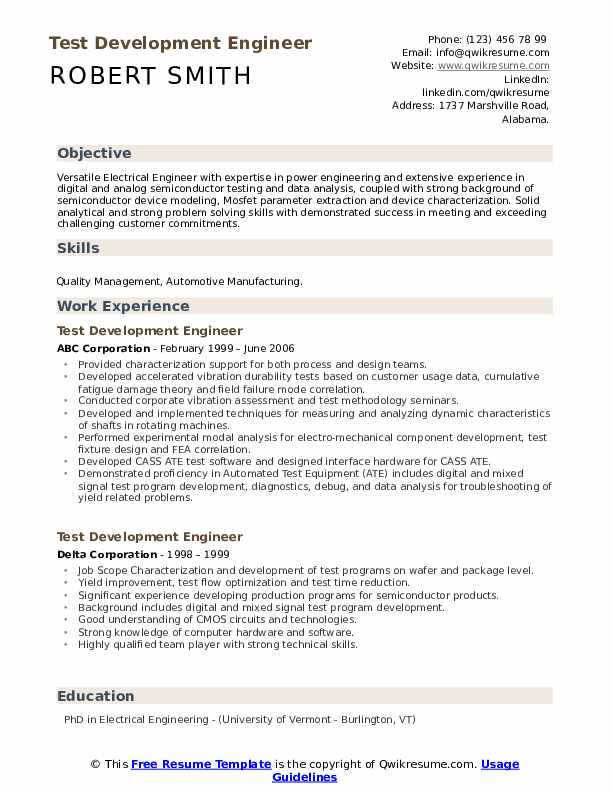 Test Development Engineer Resume Samples QwikResume