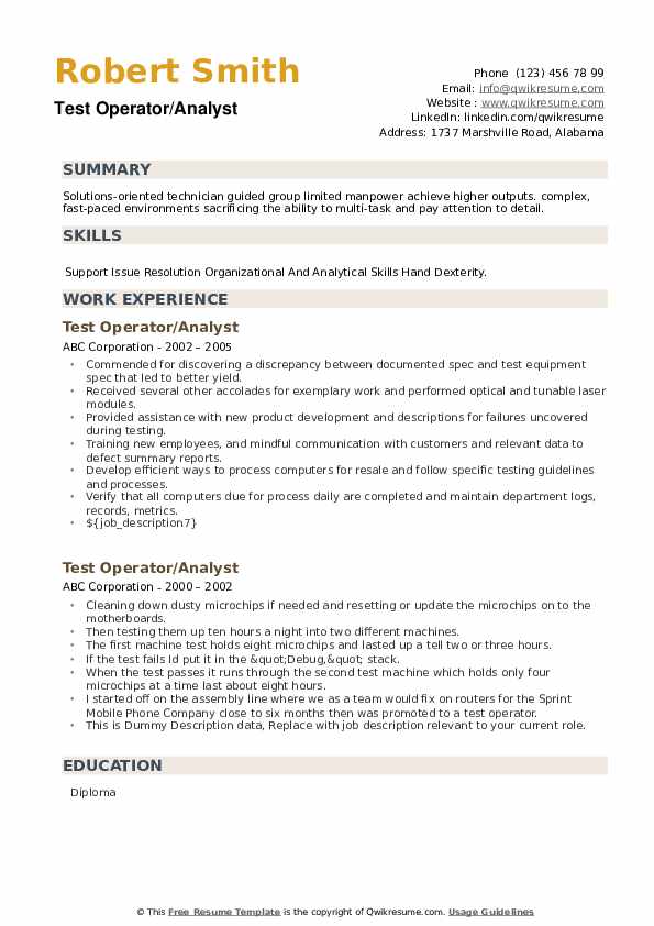 Test Operator Resume Samples | QwikResume