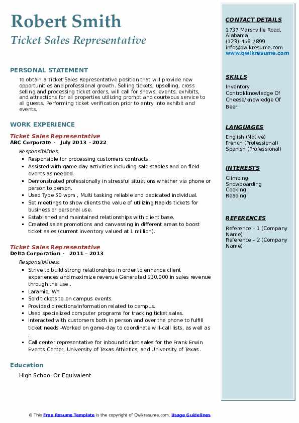 Ticket Sales Representative Resume Samples | QwikResume