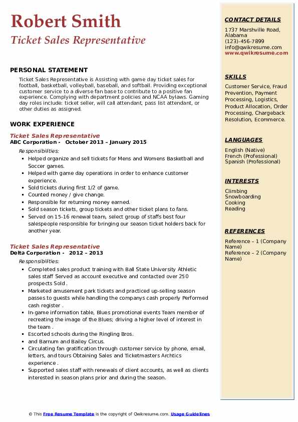 Ticket Sales Representative Resume Samples | QwikResume