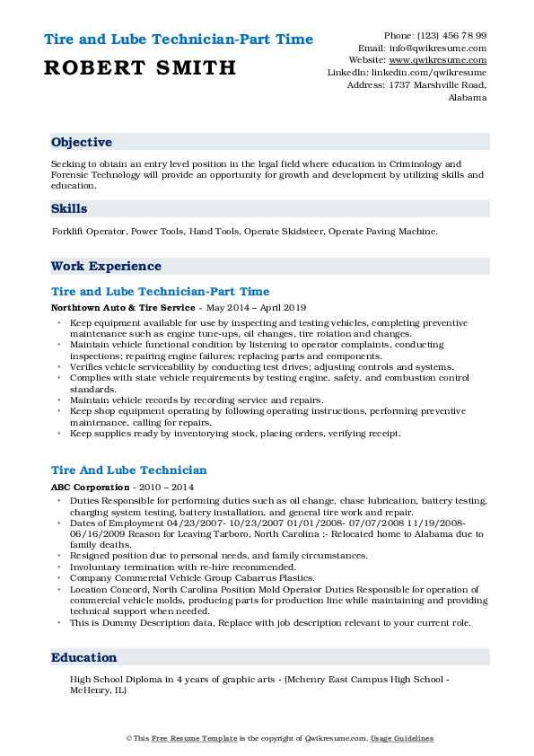 Tire And Lube Technician Resume Samples | QwikResume