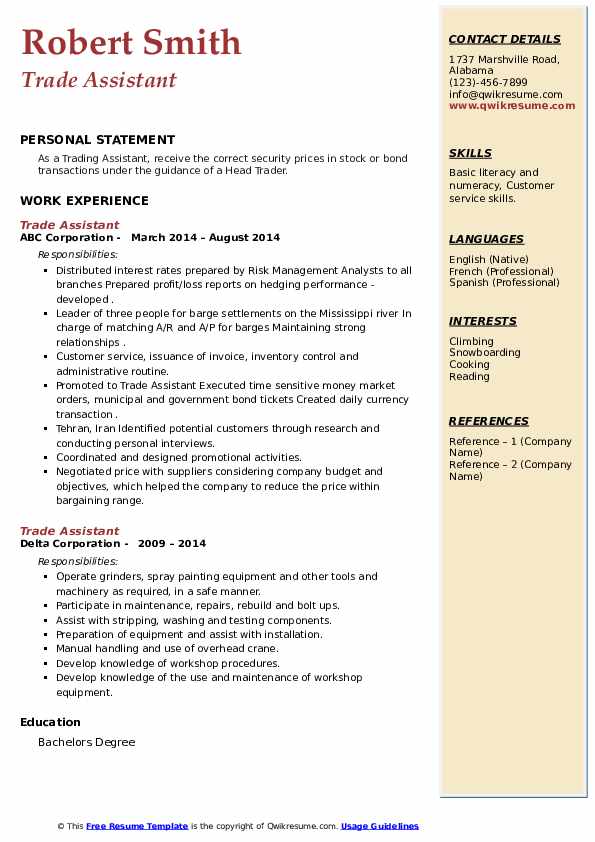 Trade Assistant Resume Samples | QwikResume
