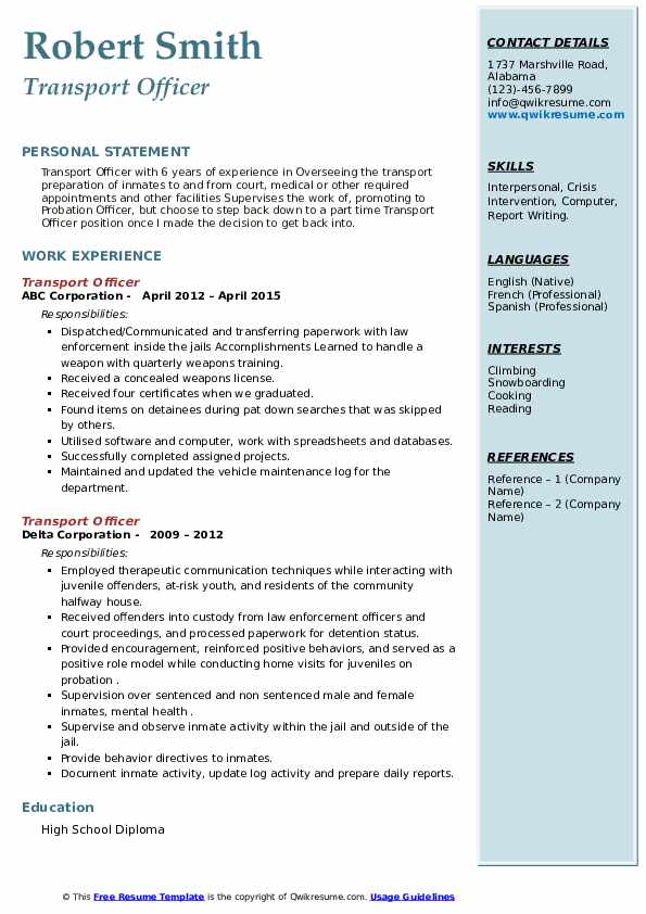 Transport Officer Resume Samples | QwikResume