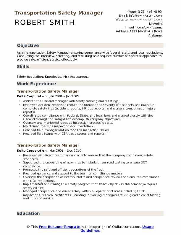 Transportation Safety Manager Resume Samples | QwikResume