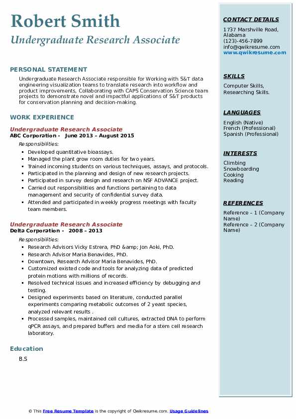 Undergraduate Research Associate Resume Samples | QwikResume