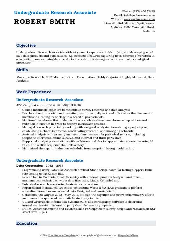 Undergraduate Research Associate Resume Samples | QwikResume
