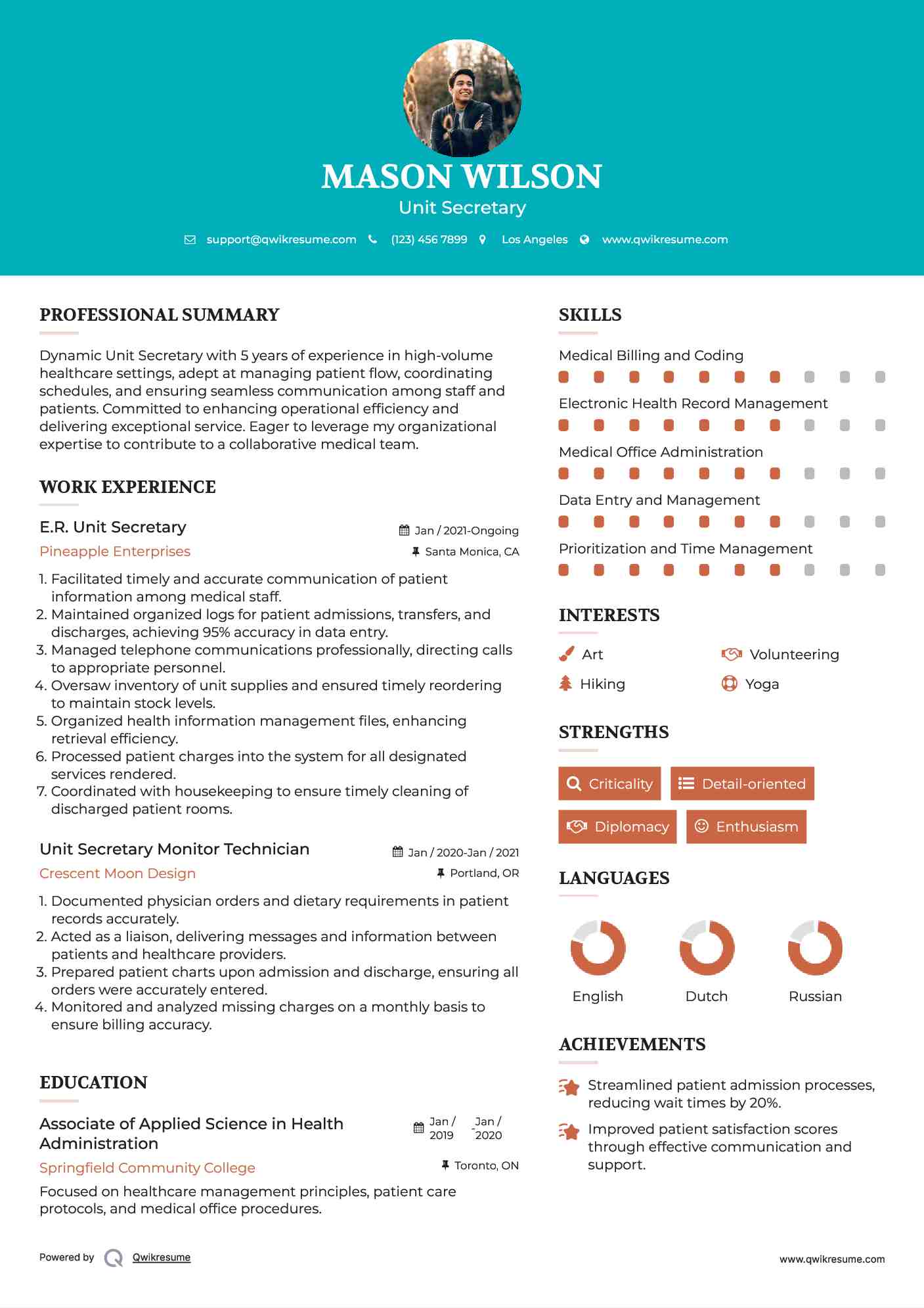 Unit Secretary Resume Samples QwikResume