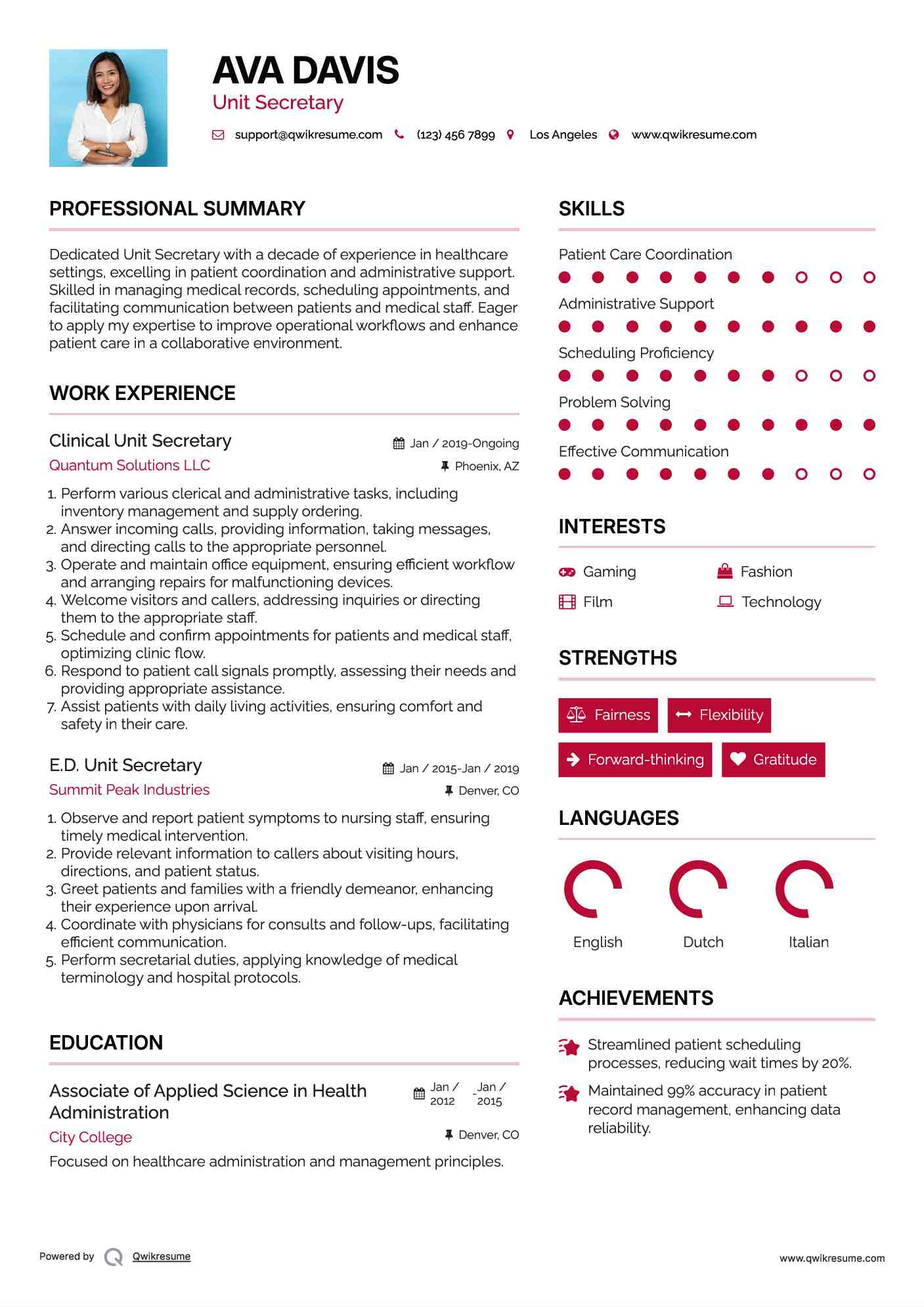Unit Secretary Resume Samples QwikResume