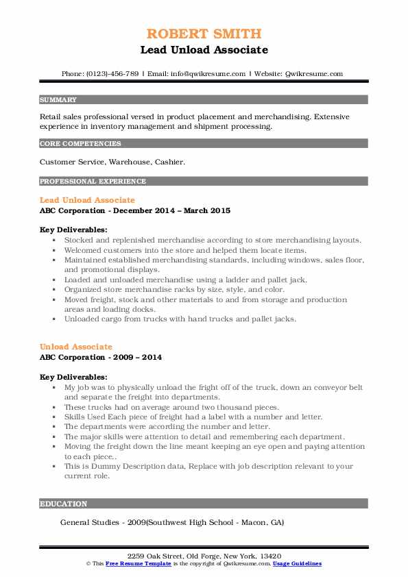 Unload Associate Resume Samples | QwikResume